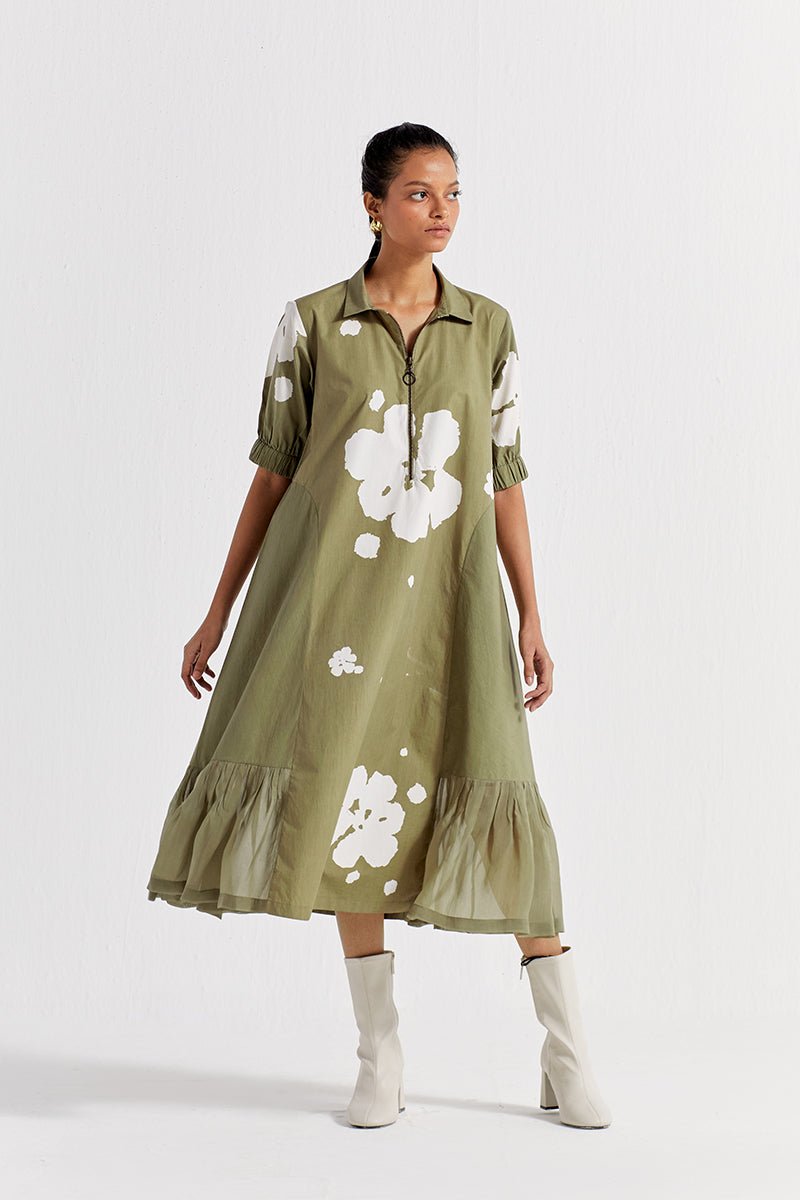 Sap Green Floral Collard Dress Online – Three Clothing